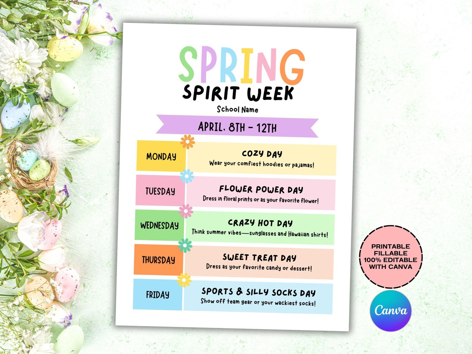 Editable Spring Spirit Week Flyer Canva Template, School Spirit ...