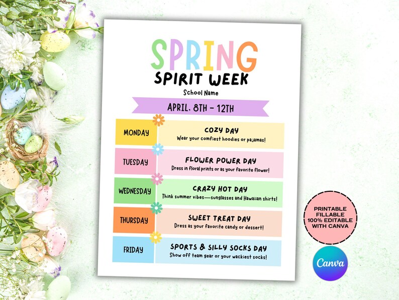 Editable Spring Spirit Week Flyer Canva Template, School Spirit ...