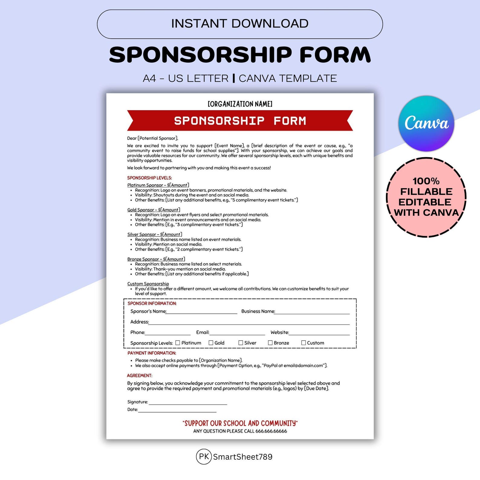 Editable Sponsorship Form Template: School PTO PTA (digital Download ...