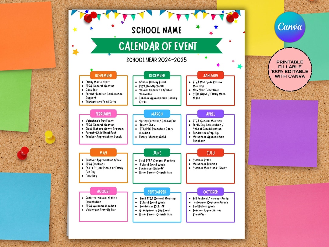 PTA Calendar of Events Flyer Editable Template for PTO Monthly Event ...