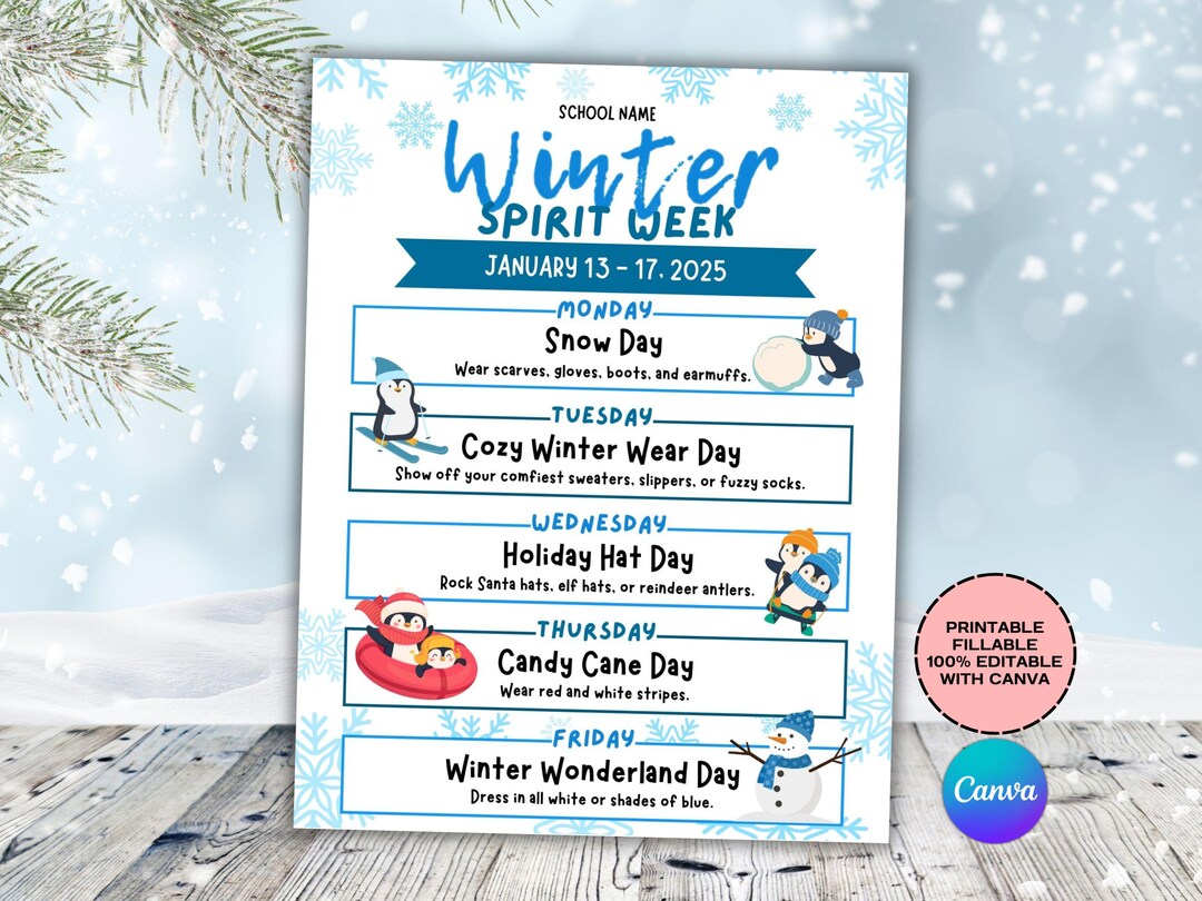 Customizable Winter School Spirit Week Flyer, PTO Schedule, December ...