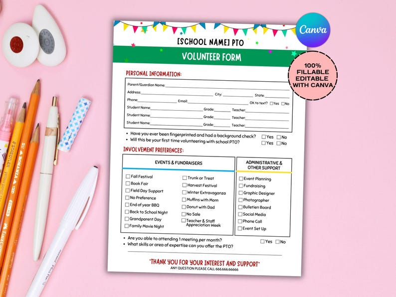 Editable PTO Volunteer Form Template: Printable School Club Sign-up ...