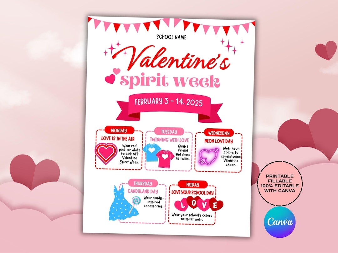 Valentines Spirit Week Flyer Editable School Spirit Week Template ...