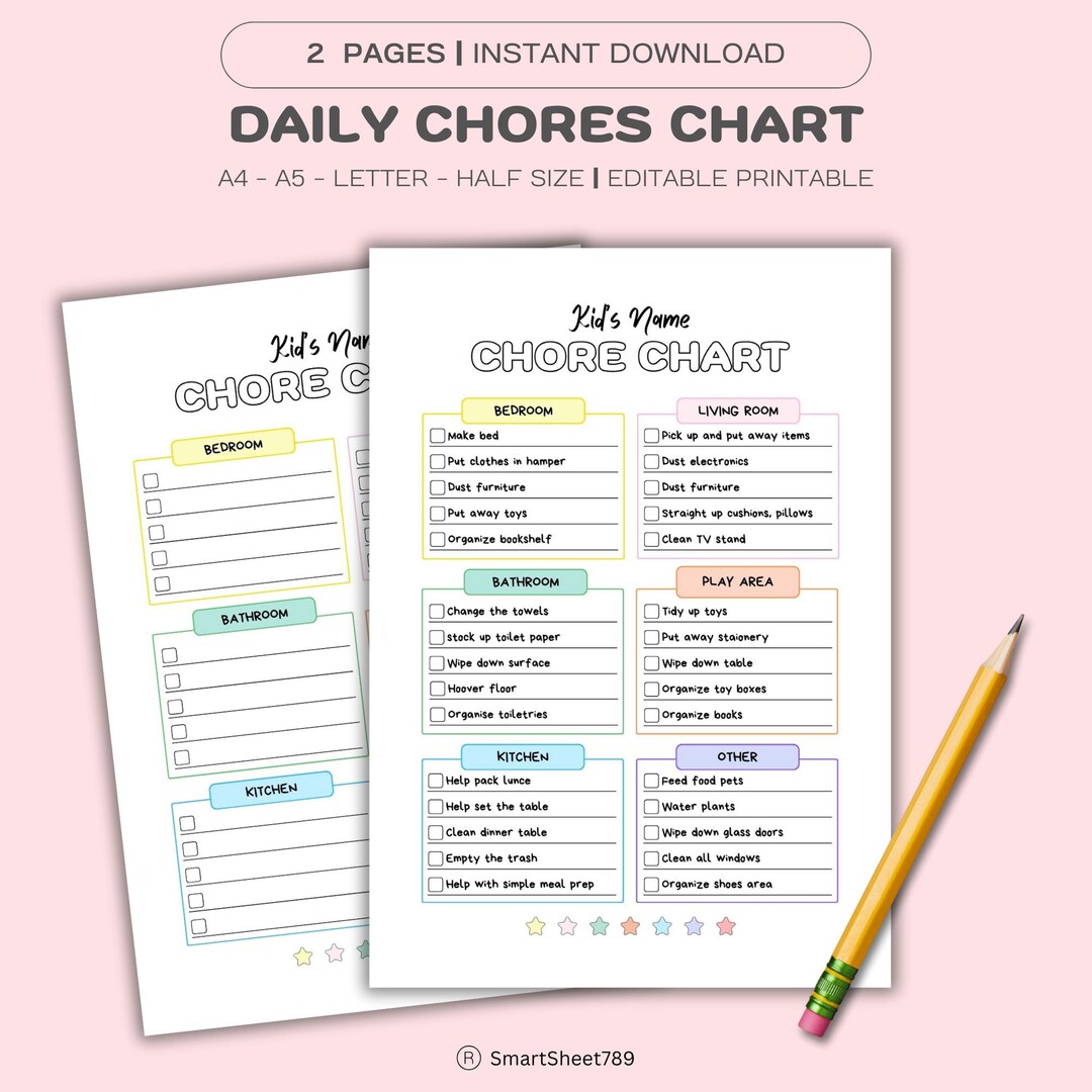 Chore Chart for Kids, Chore Chart Printable, Chore Chart Editable ...