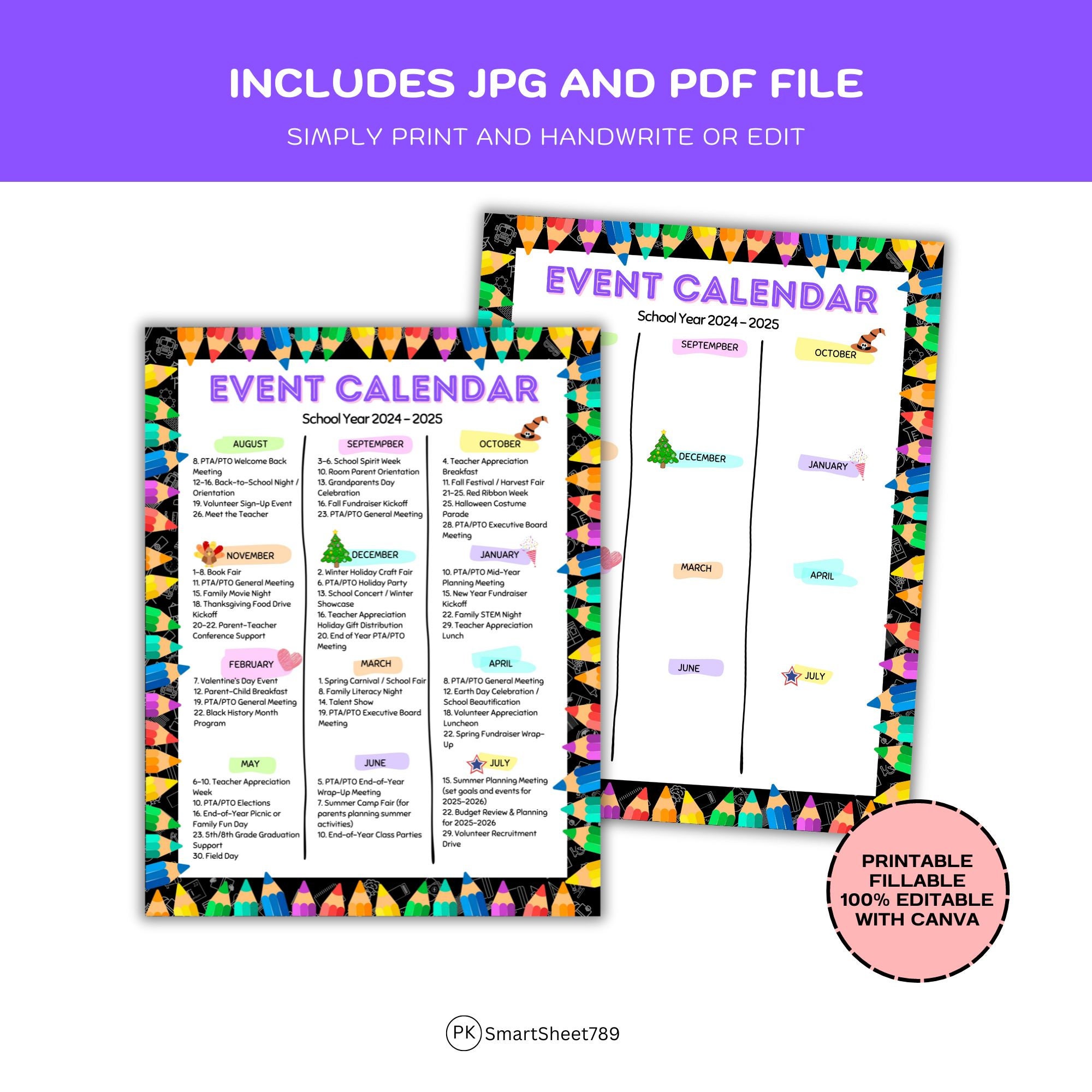 Editable School Event Calendar: PTA/PTO Monthly Planner (digital ...