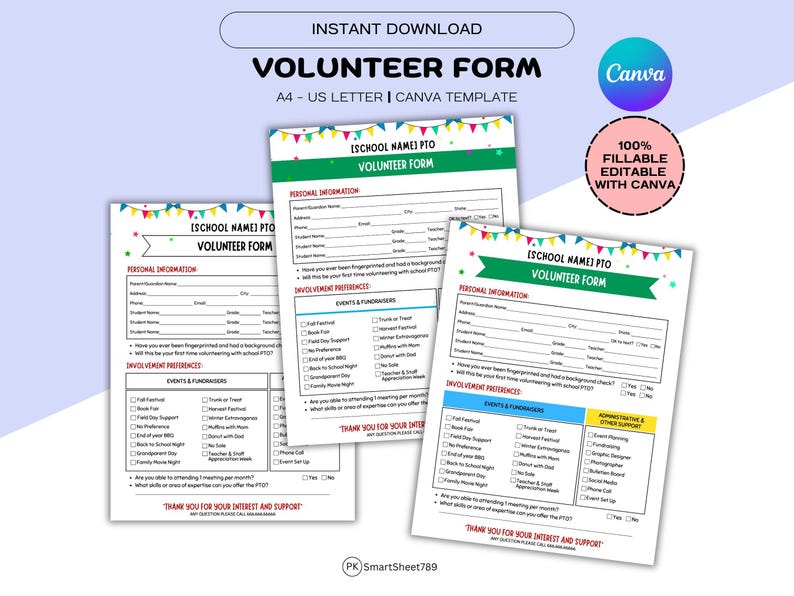 Editable PTO Volunteer Form Template: Printable School Club Sign-up ...