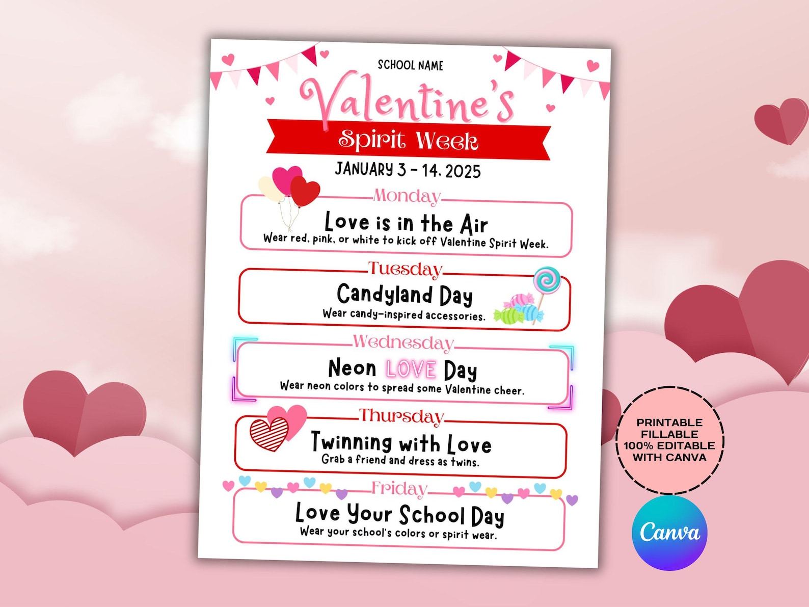Valentines Spirit Week Flyer Editable School Spirit Week Template ...
