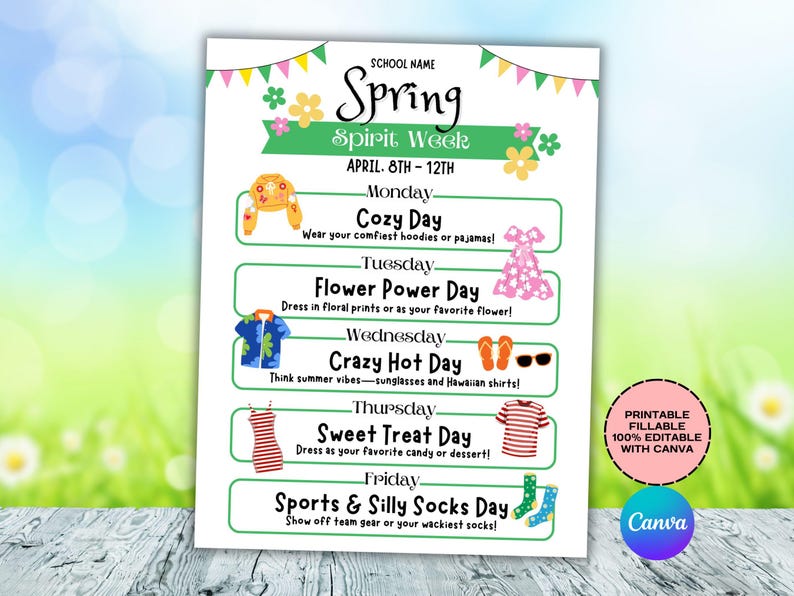 Editable Spring Spirit Week Flyer Canva Template, School Spirit ...