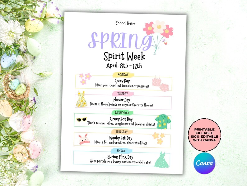 Editable Spring Spirit Week Flyer Canva Template, School Spirit ...