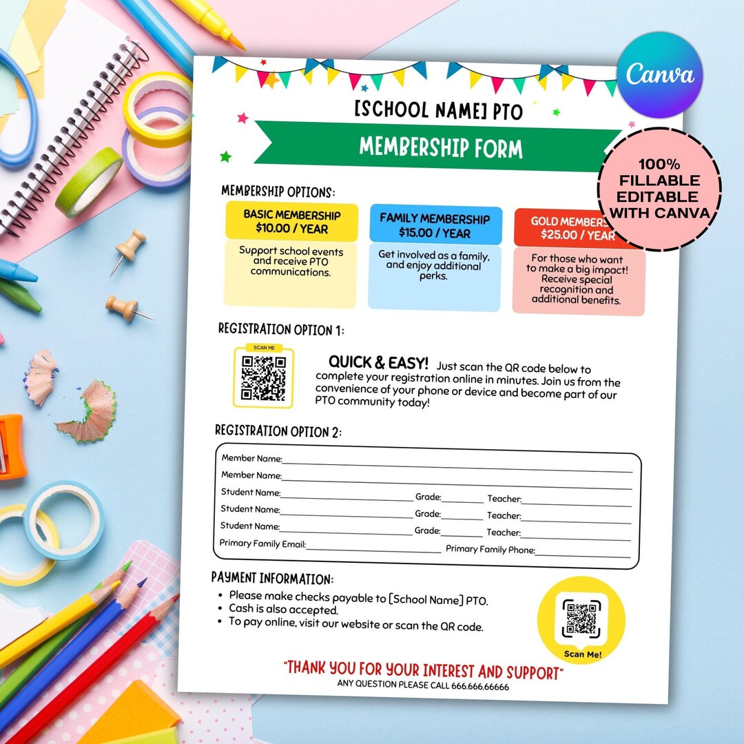 PTO PTA Membership Form Flyer Printable Club Membership Form Editable ...