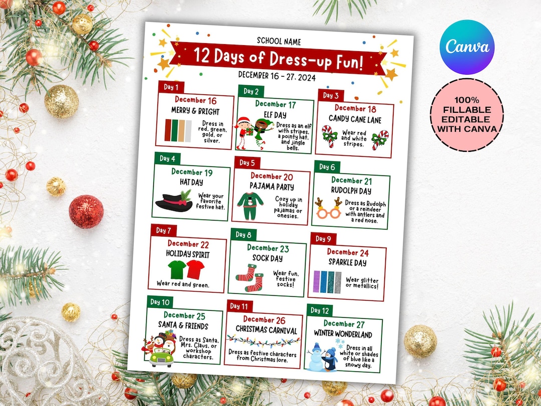 Dress up Days 12 Days of Christmas Itinerary Flyer Canva Template ...