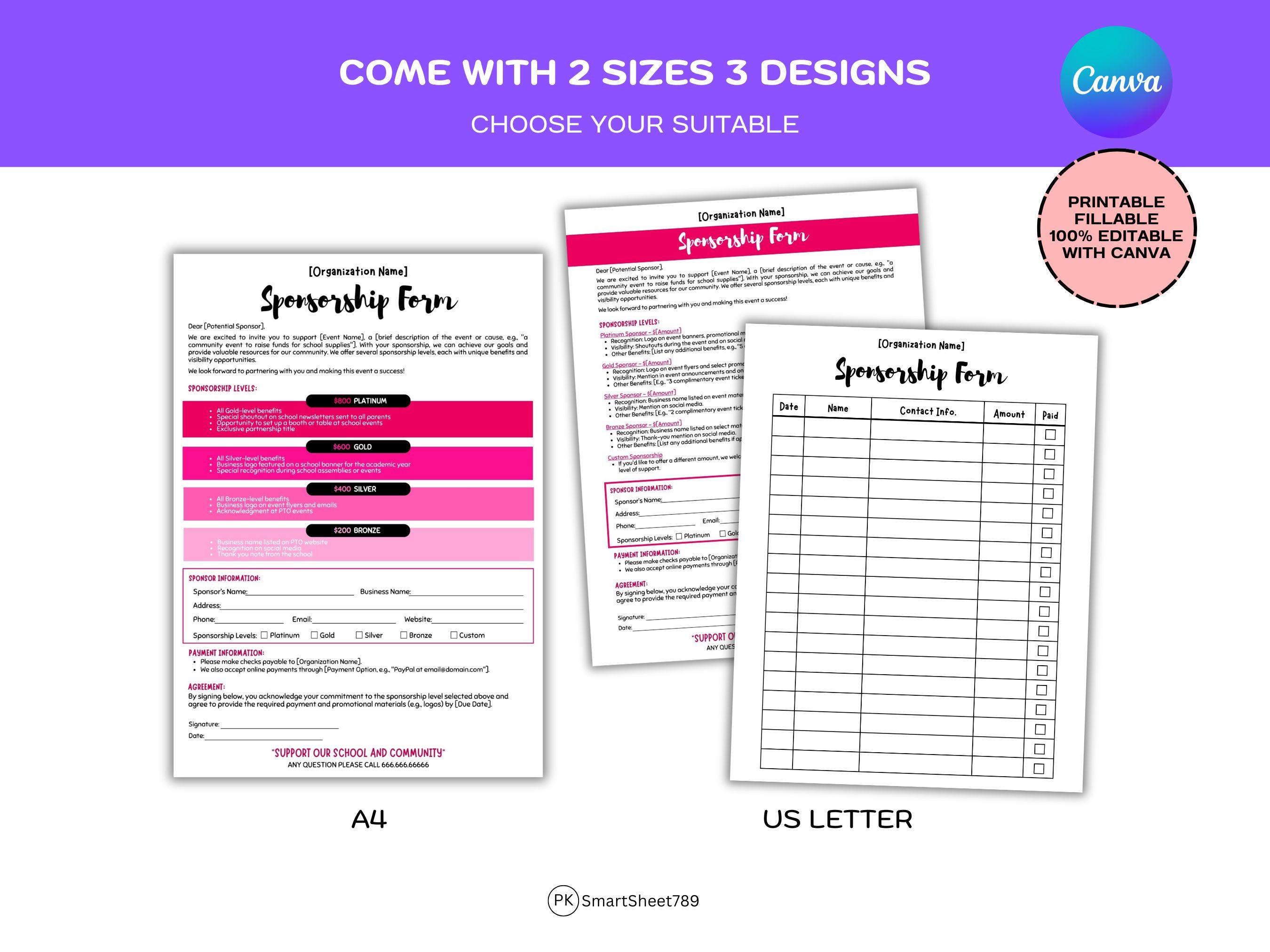 Editable Sponsorship Form Template: School PTO PTA (canva, Printable ...
