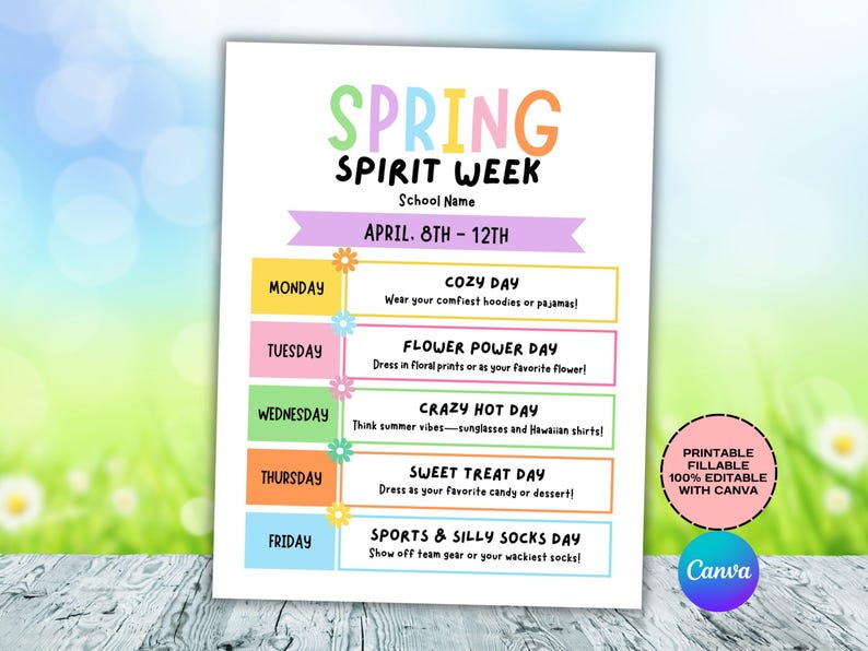 Editable Spring Spirit Week Flyer Canva Template, School Spirit ...