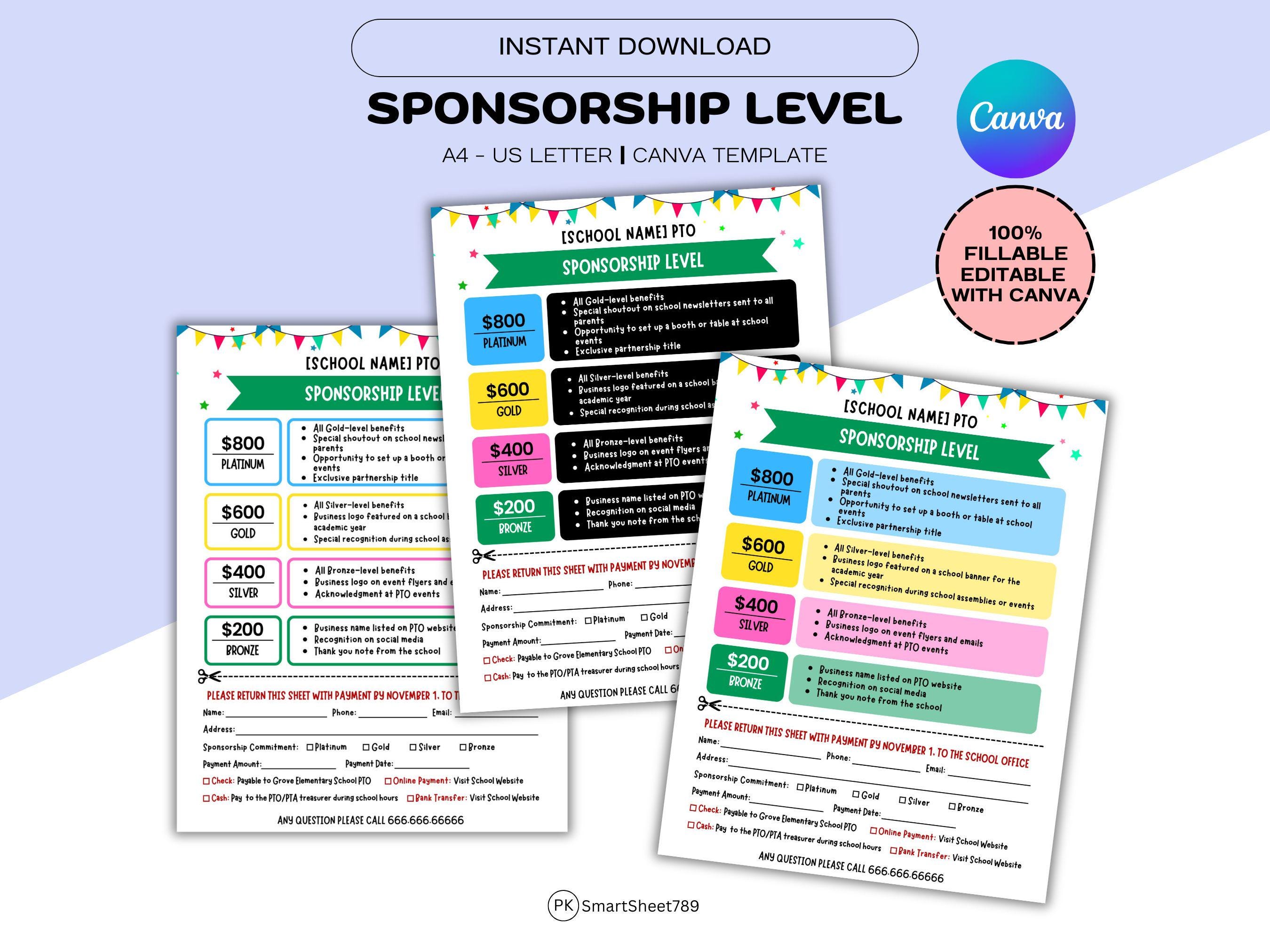 Sponsorship Level Flyer Printable Club Sponsorship Level Editable ...
