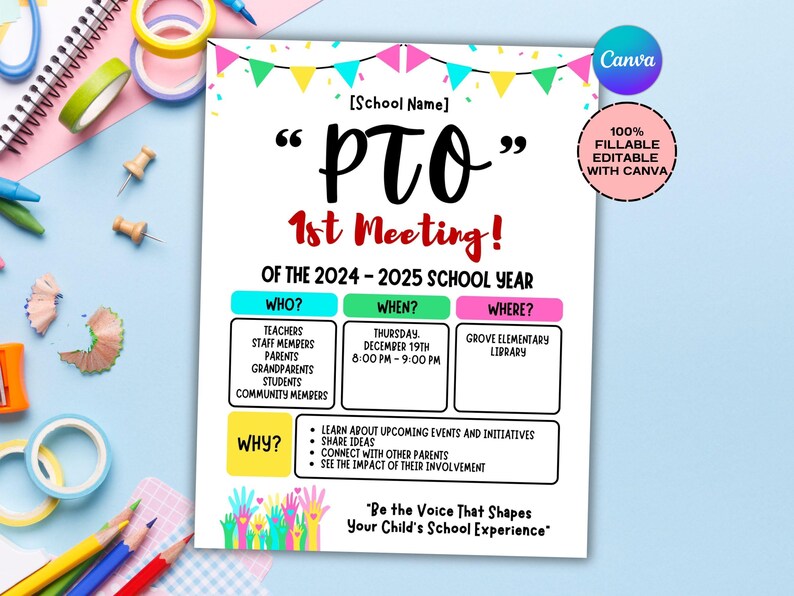 PTO Meeting Sign PTA School Meeting Flyer Printable Editable Meeting ...