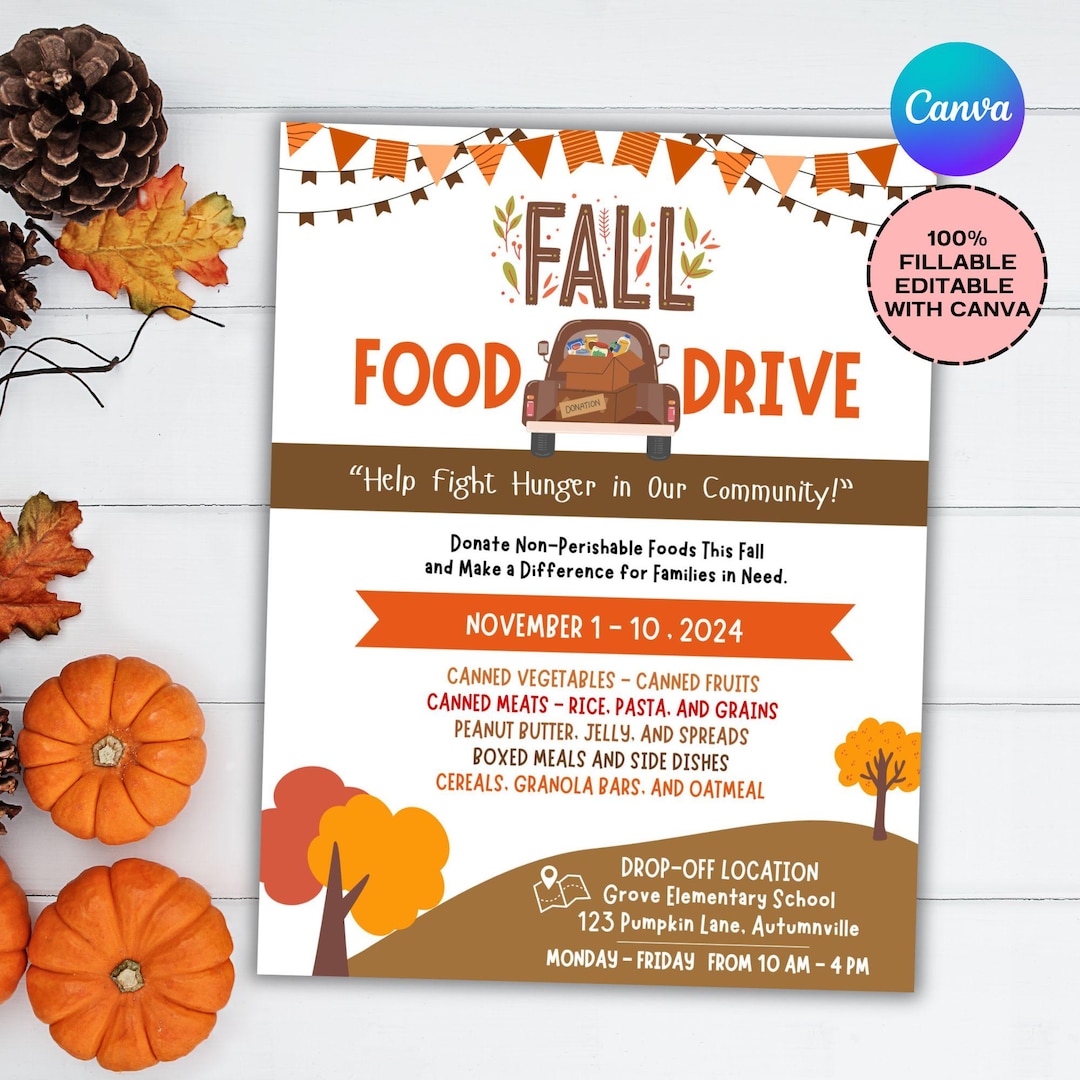 Fall Food Drive Flyer, Thanksgiving Fundraiser, School Church PTA ...