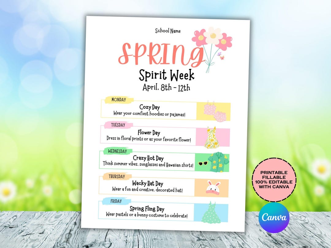 Editable Spring Spirit Week Flyer Canva Template, School Spirit ...