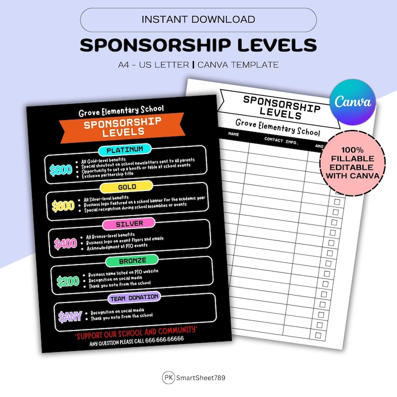 Sponsorship Level Flyer Printable Club Sponsorship Level Editable ...