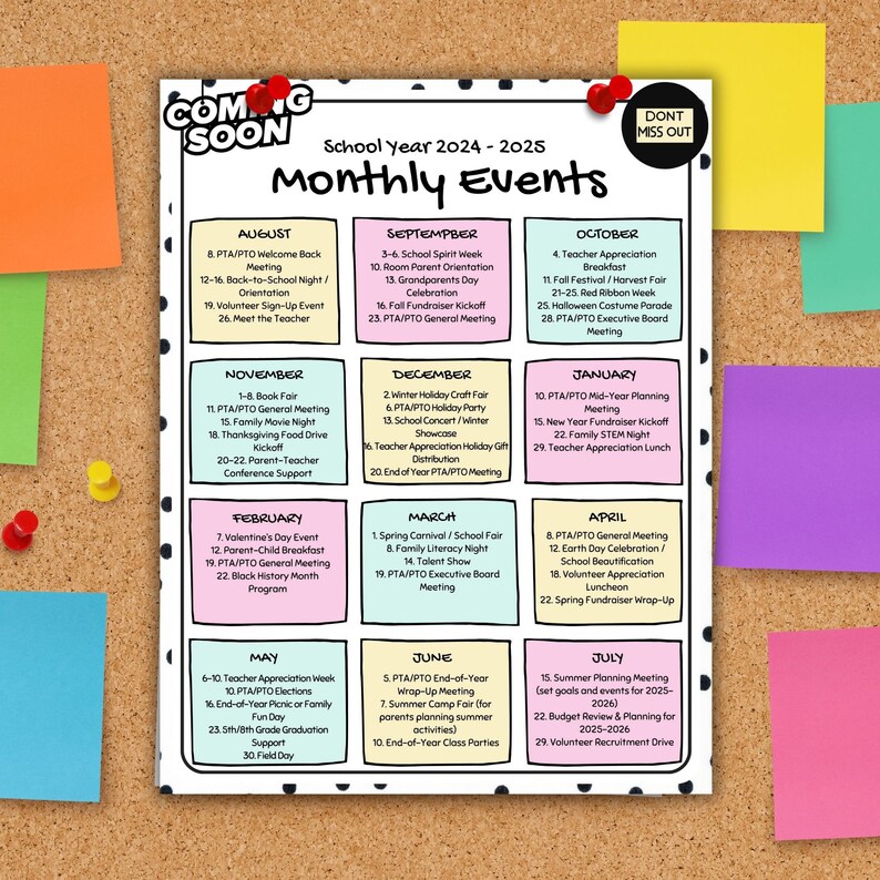 Editable School Calendar of Events: PTA/PTO Monthly Planner (digital ...