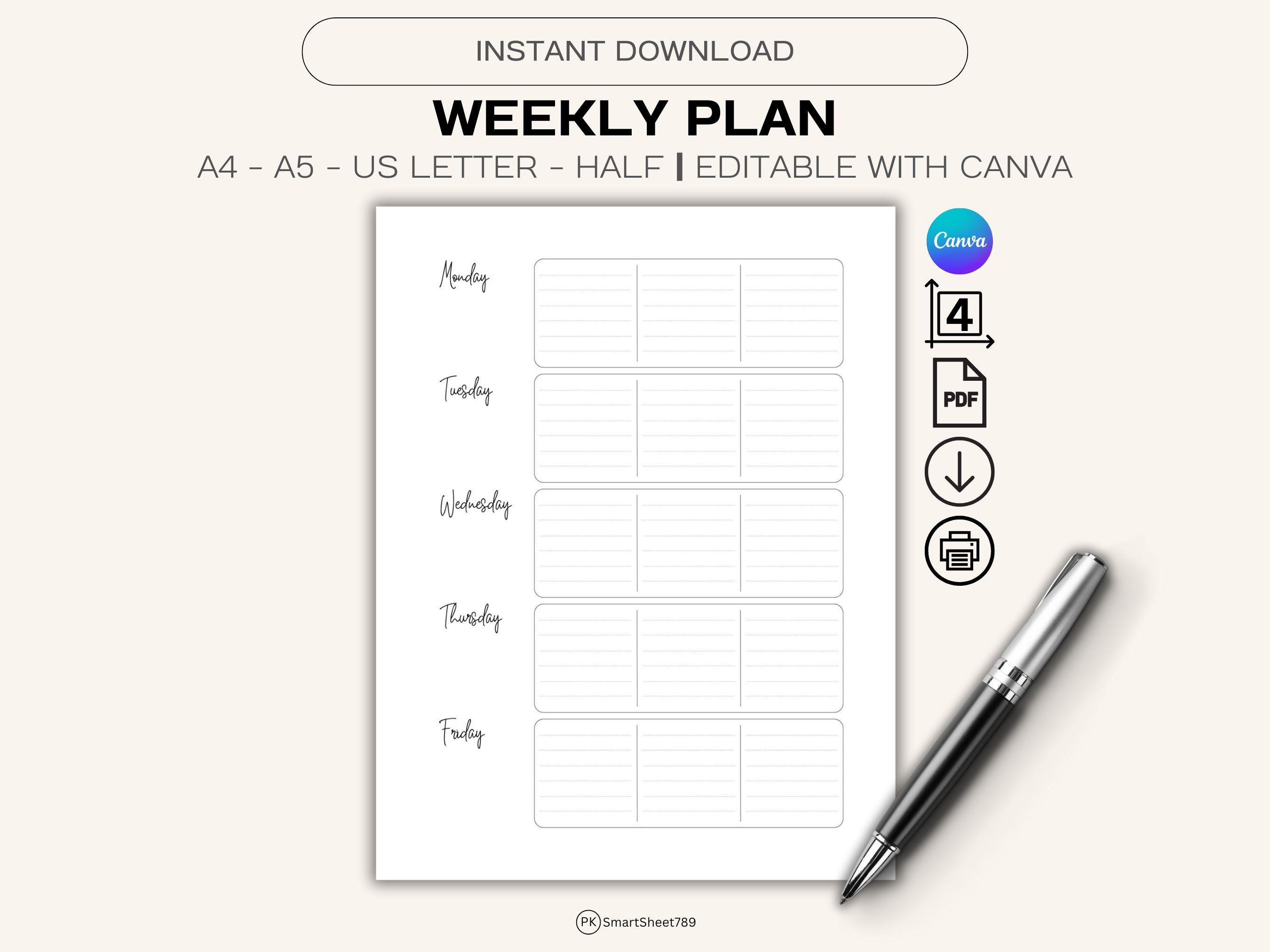 Weekly Planner Printable Editable With Canva Weekly Planner Template ...