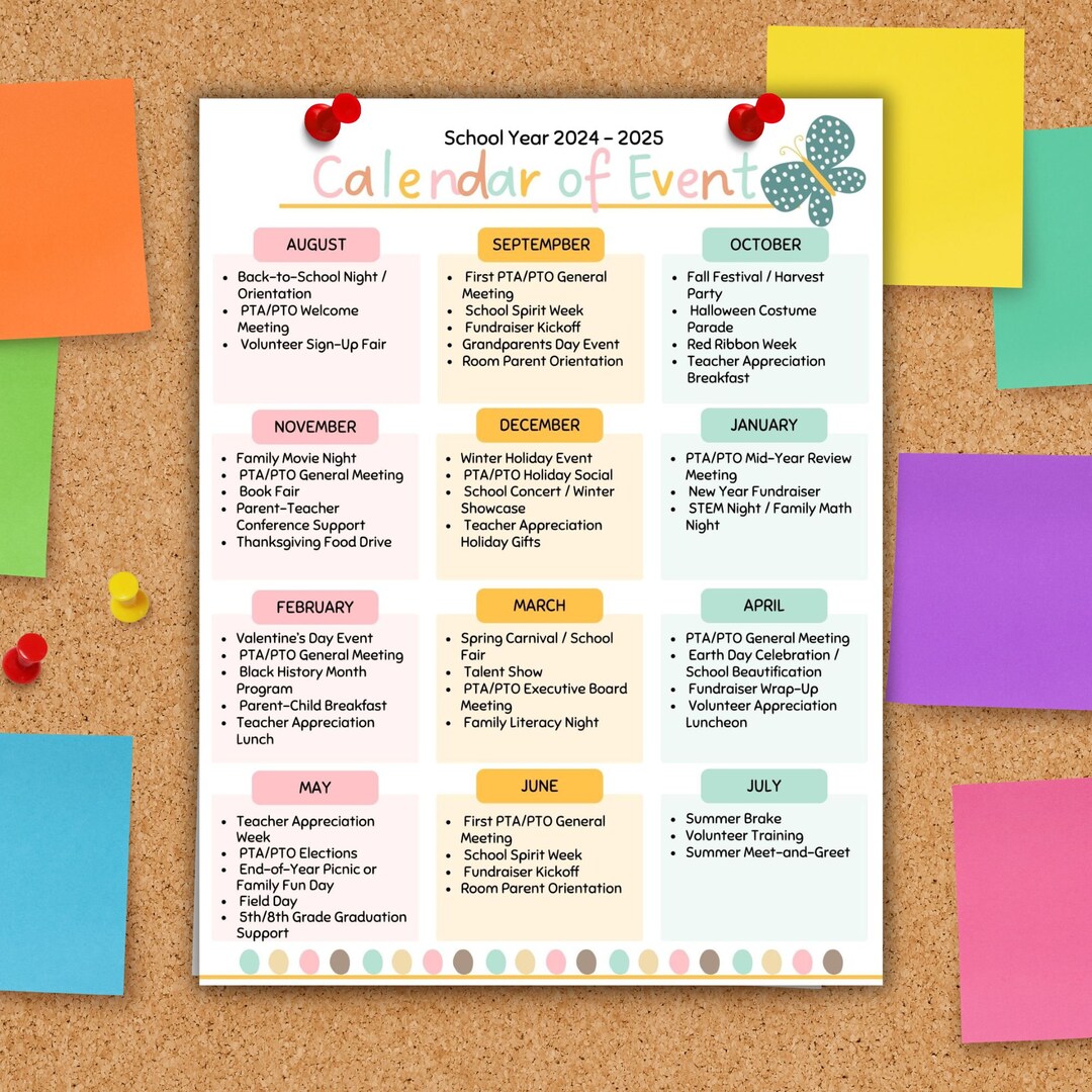 PTA Calendar of Events Flyer Editable Template for PTO Monthly Event ...