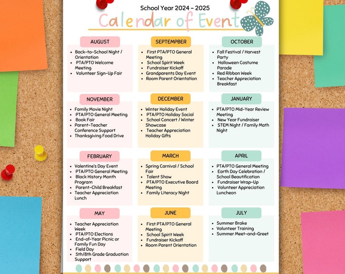 Editable Yearly PTO PTA Printable Calendars, Back to School, Undated ...