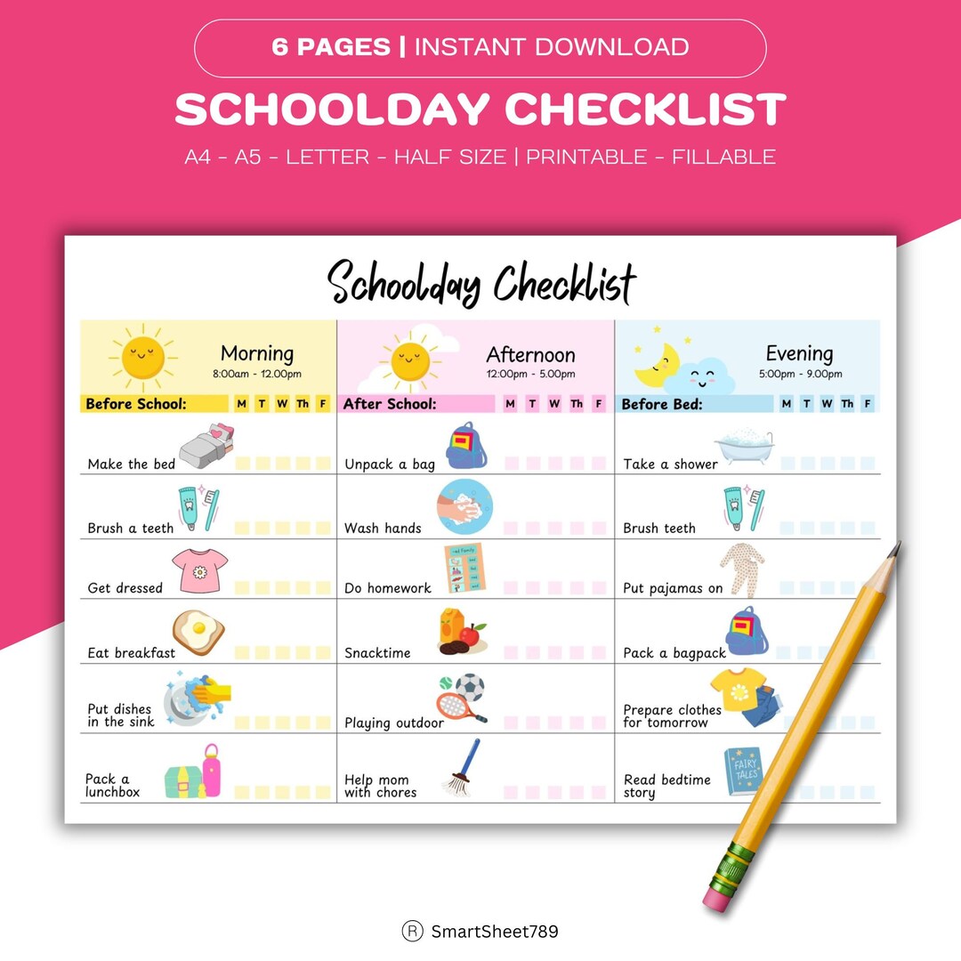 Schoolday Checklist, Chore Chart, Bedtime Routine for Kids, Morning ...