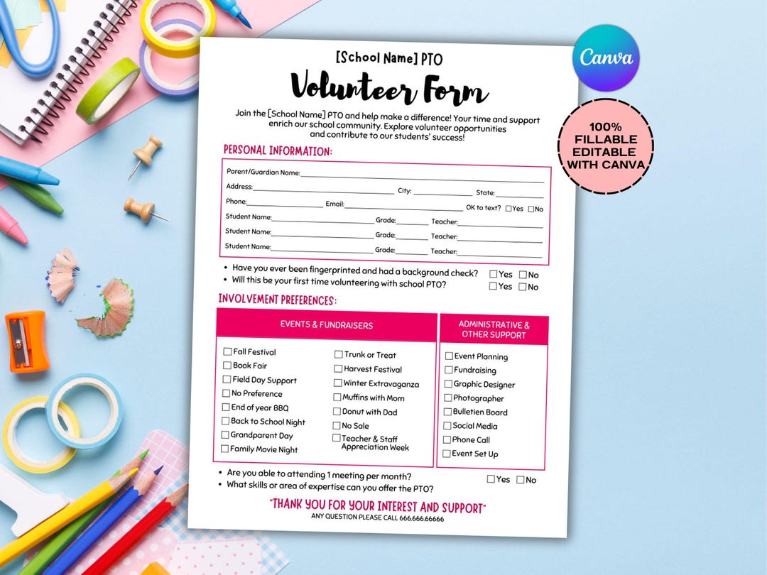 Editable Volunteer Form, Printable Club Volunteer Form, Editable ...