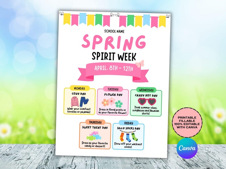 Editable Spring Spirit Week Flyer Canva Template, School Spirit ...