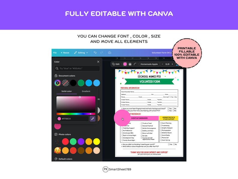 Editable PTO Volunteer Form Template: Printable School Club Sign-up ...