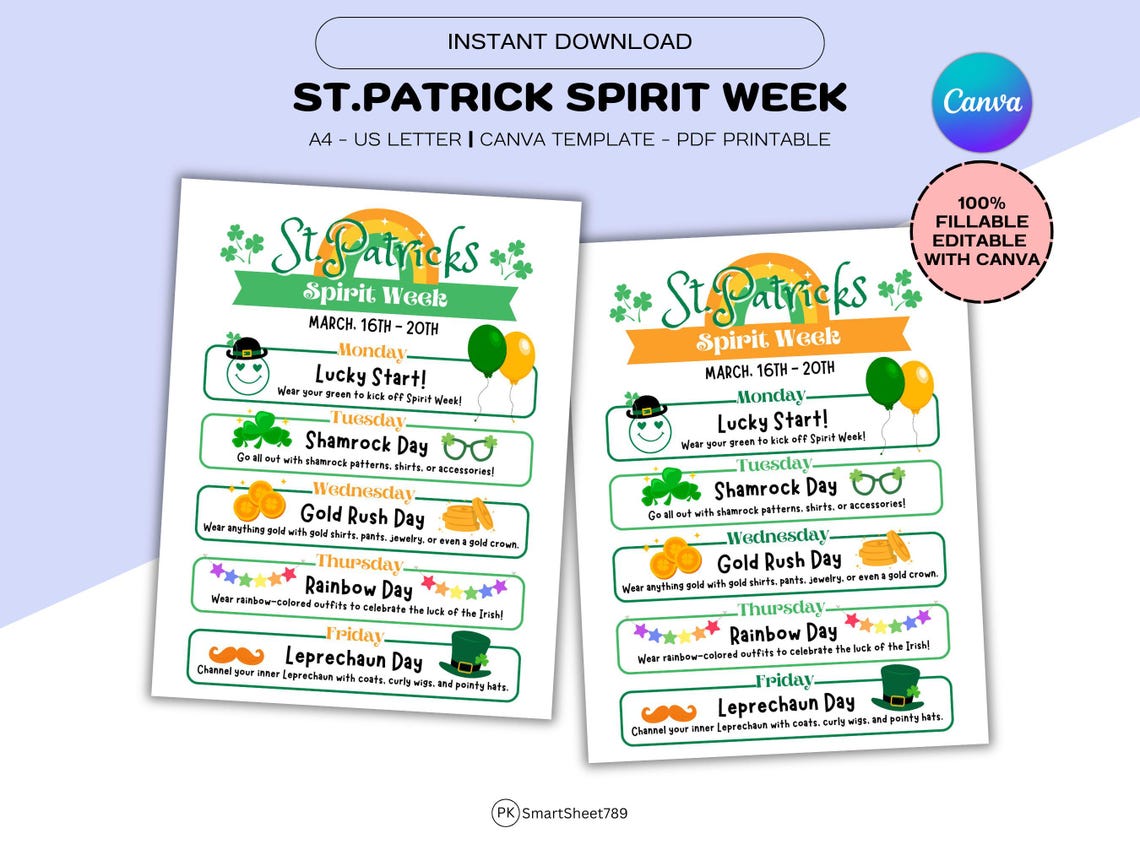 Editable St Patrick's Day Spirit Week Flyer, March Spirit Week Template ...