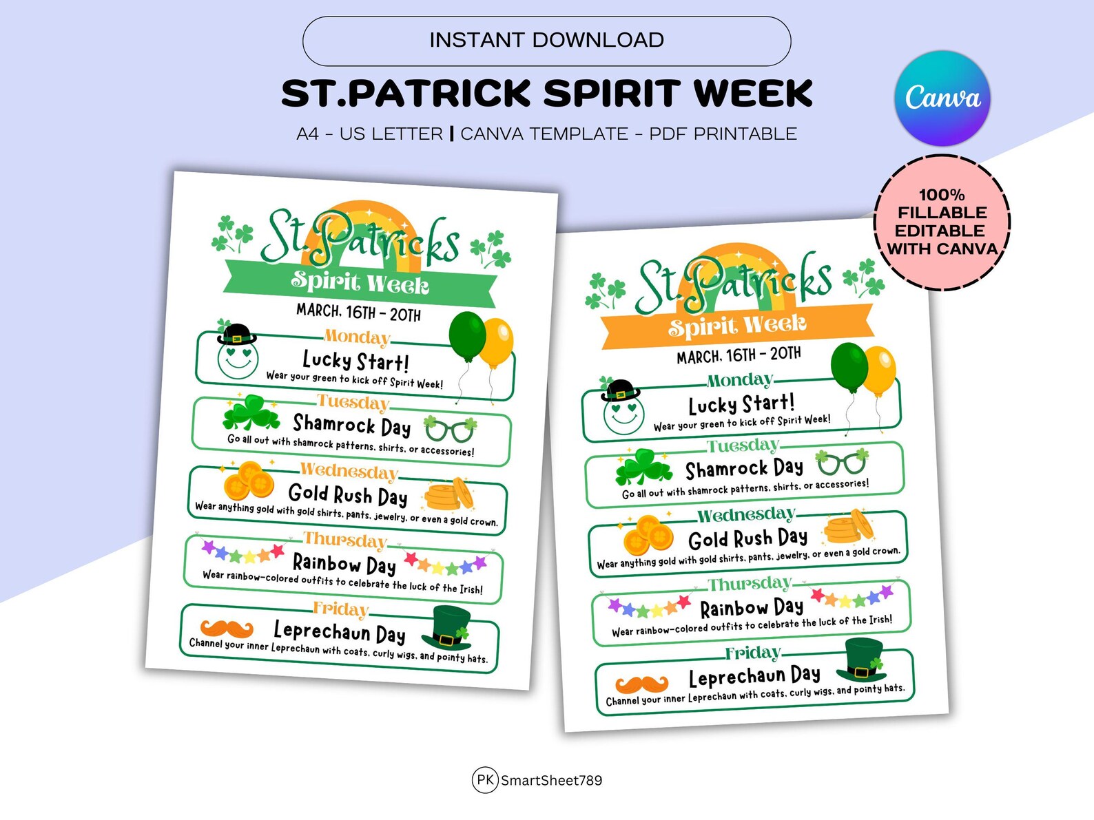 Editable St Patrick's Day Spirit Week Flyer, March Spirit Week Template ...