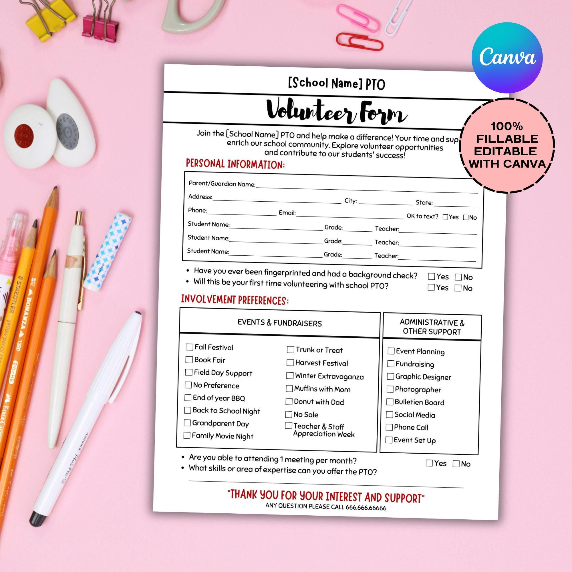 PTO PTA Volunteer Form Flyer: Editable Canva Template (digital Download ...