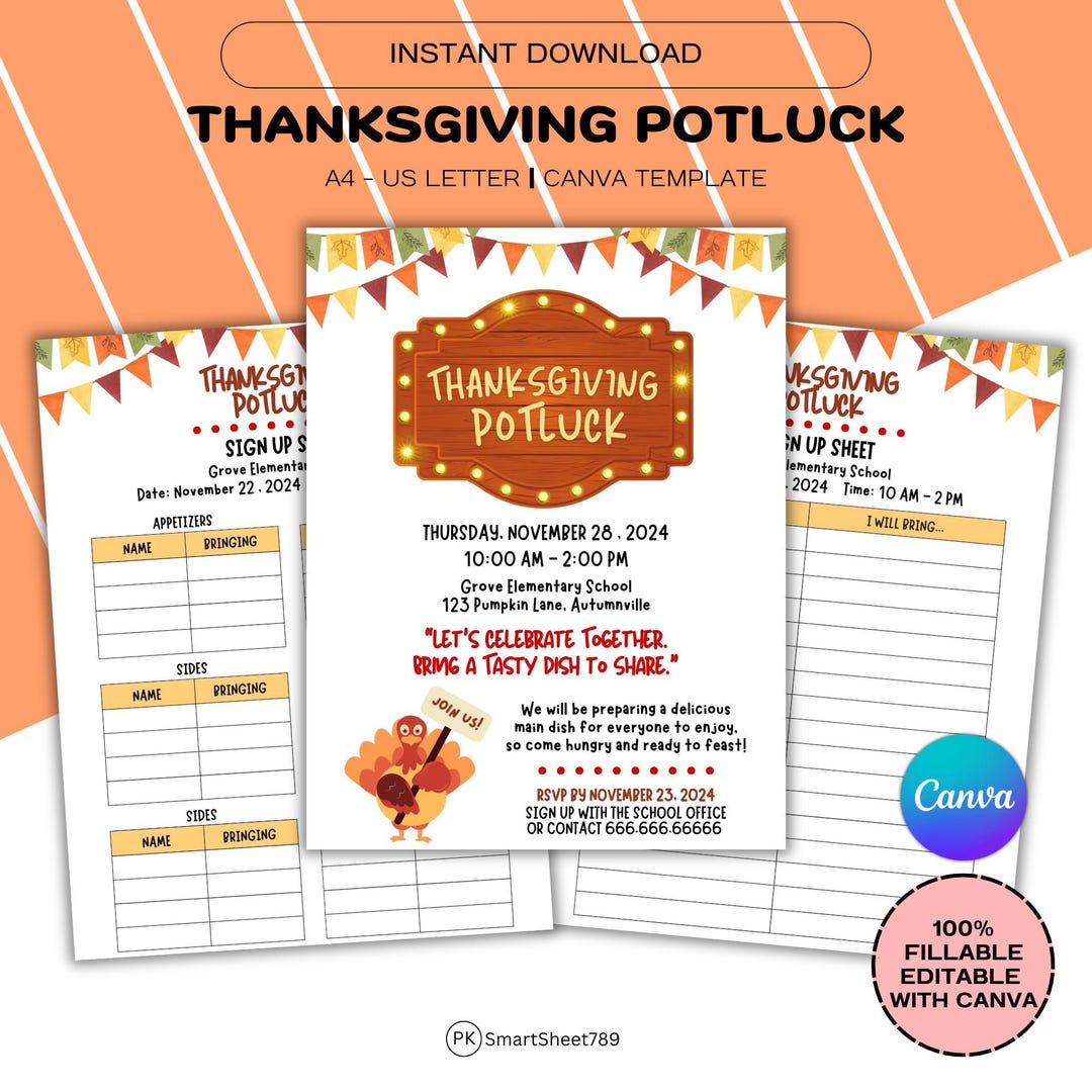 Editable Thanksgiving Potluck Flyer and Sign up Sheet Template Set ...