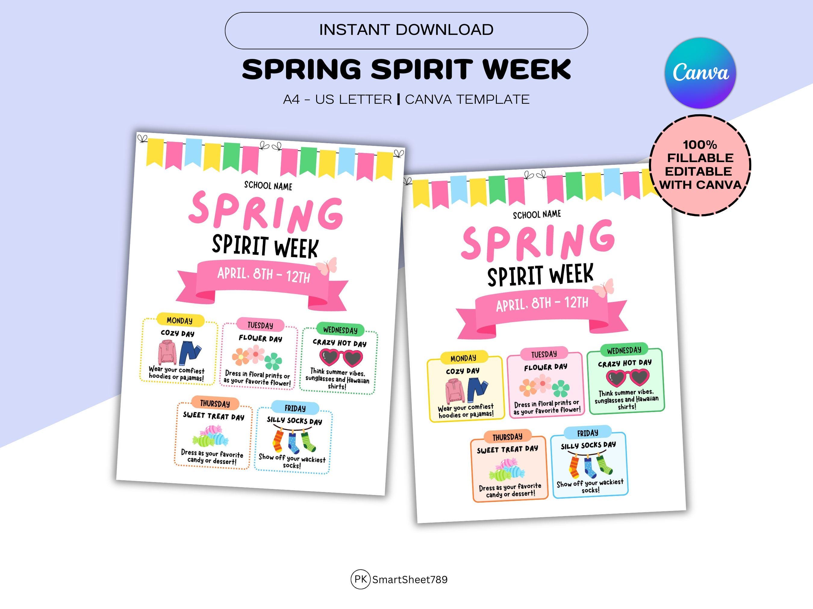 Editable Spring Spirit Week Flyer Canva Template, School Spirit ...