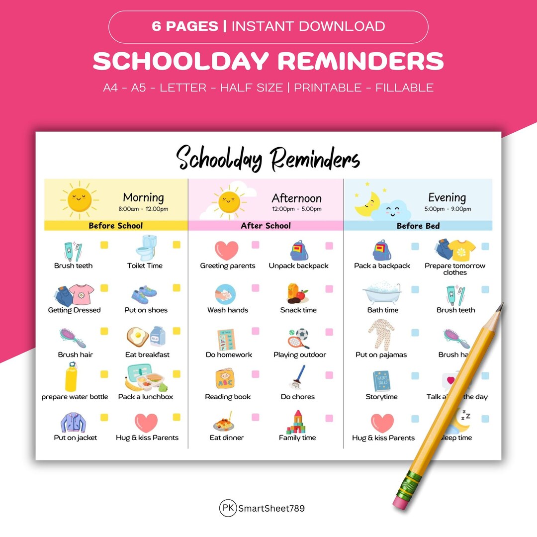 Schoolday Checklist, Reminders, Chore Chart, Bedtime Routine for Kids ...