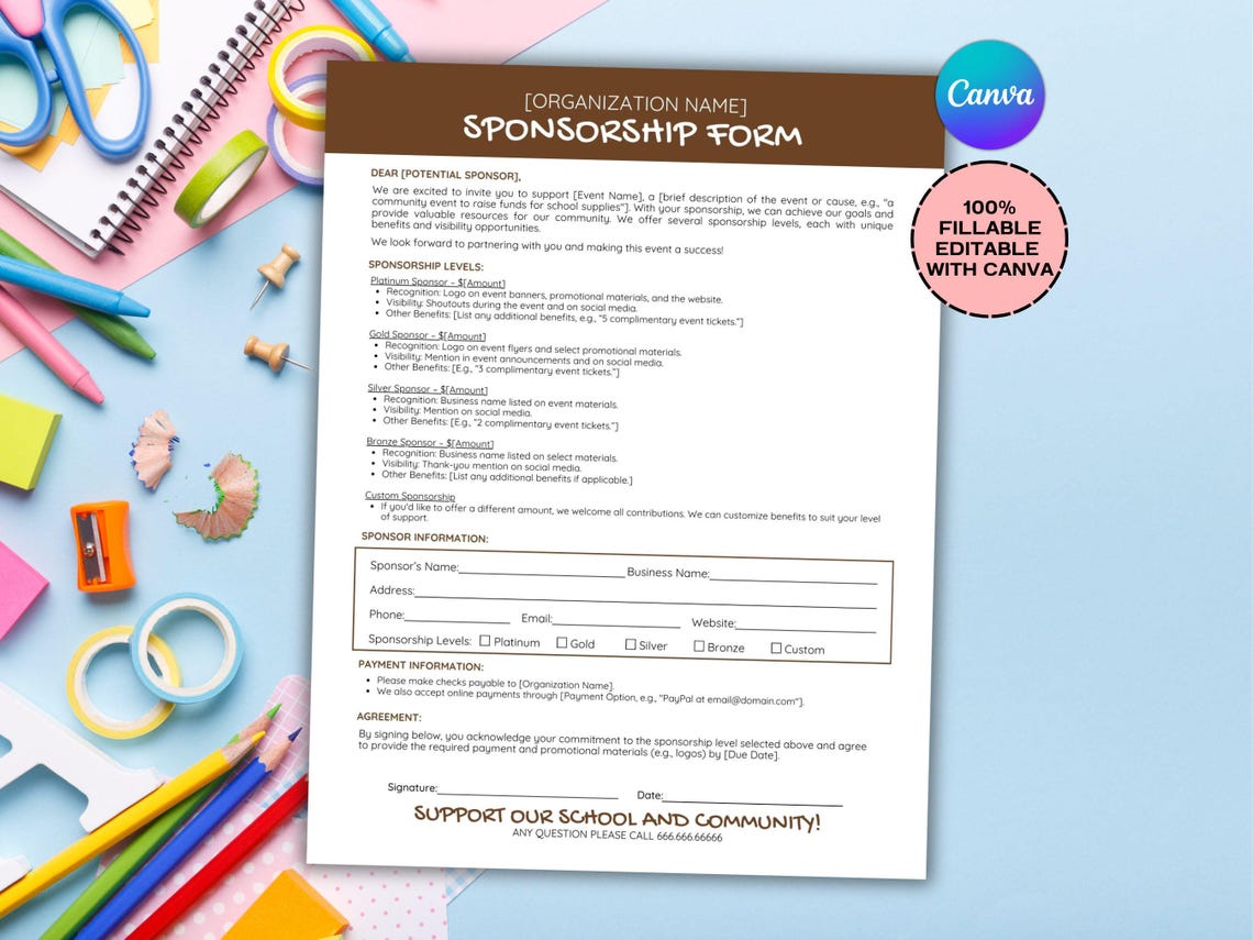 Editable Sponsorship Form Template: School PTO/PTA (digital Download ...