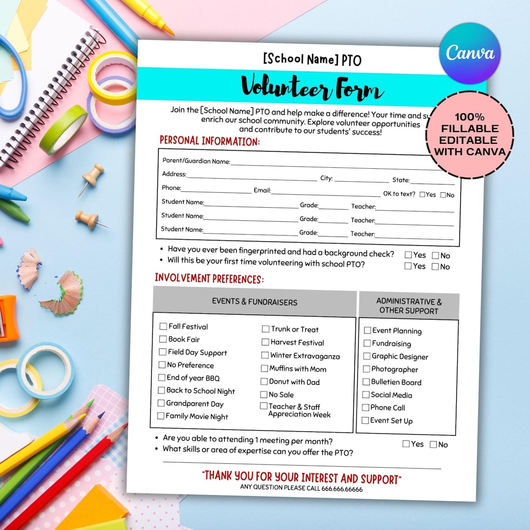 PTO PTA Volunteer Form Flyer: Editable Canva Template (digital Download ...