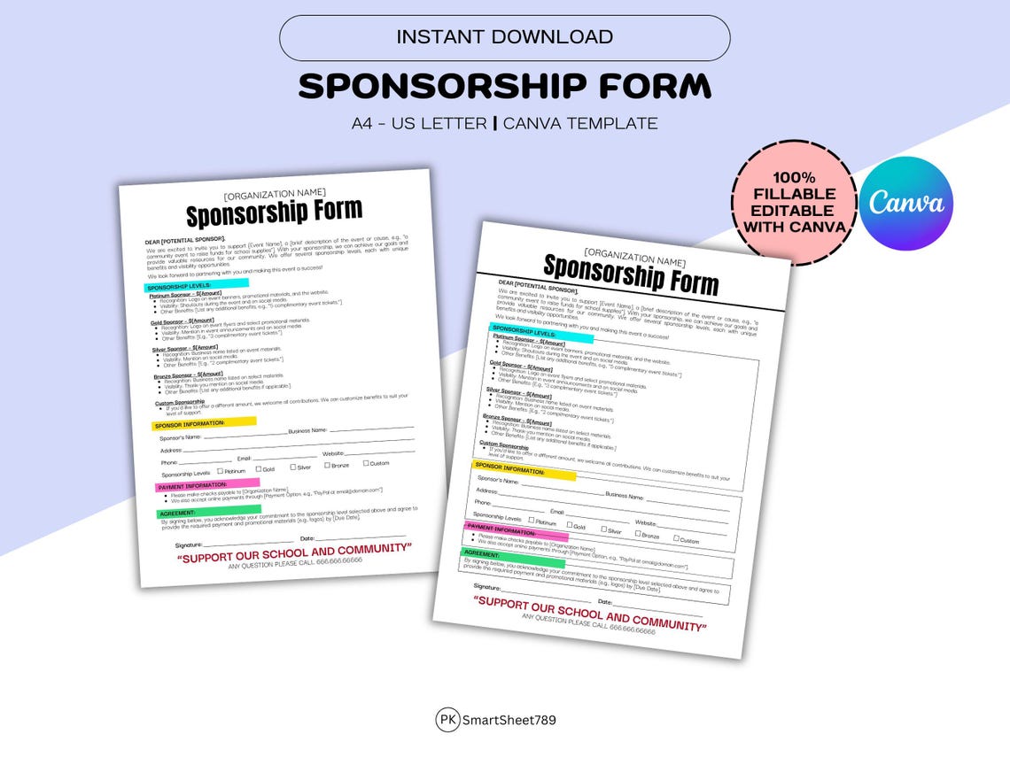 Editable Sponsorship Form Template: School PTO PTA (digital Download ...