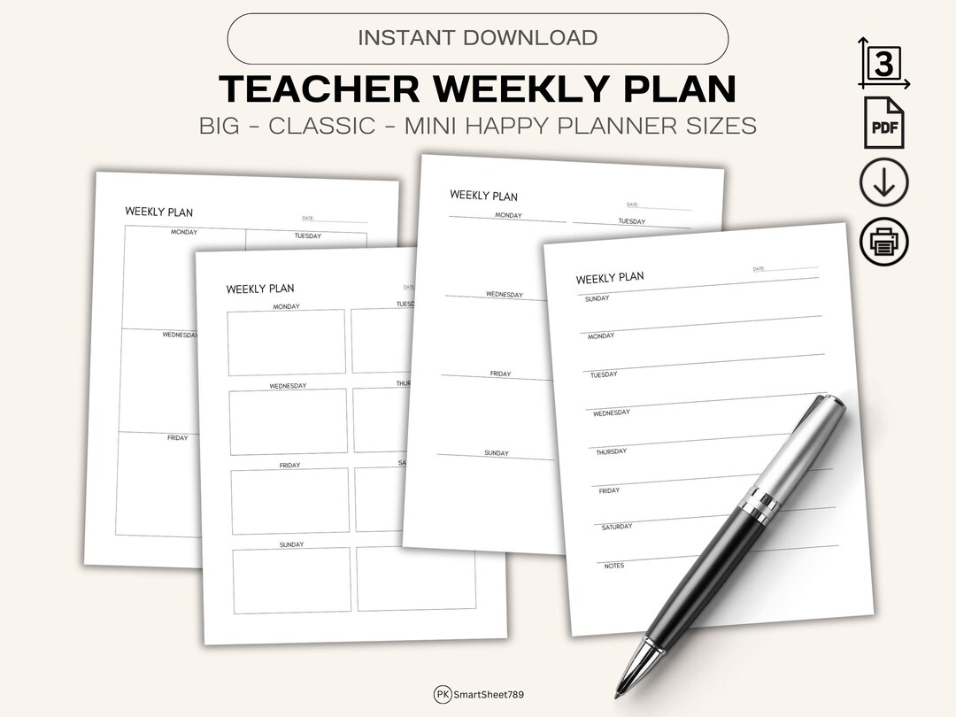 Happy Planner Classic Teacher Weekly Plan Printable Inserts, Teacher ...