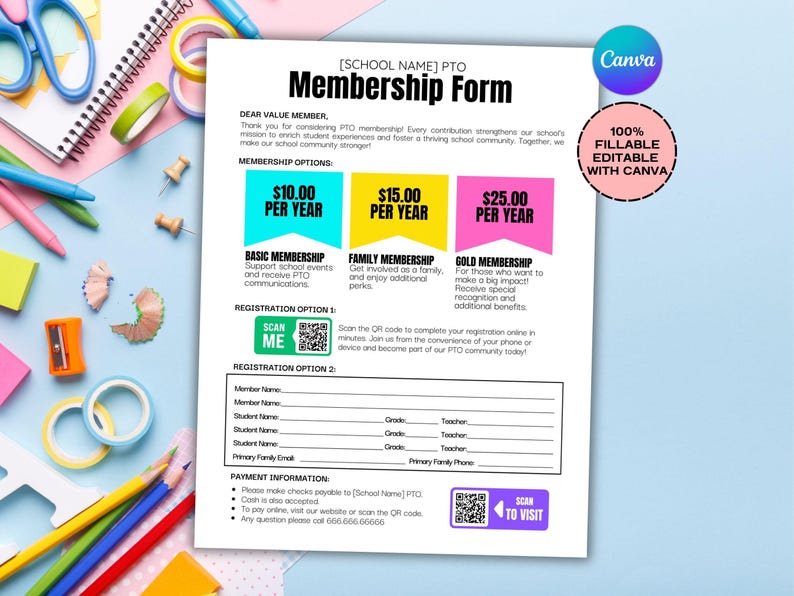 Editable PTO PTA Membership Form Flyer Template (CANVA) - Etsy