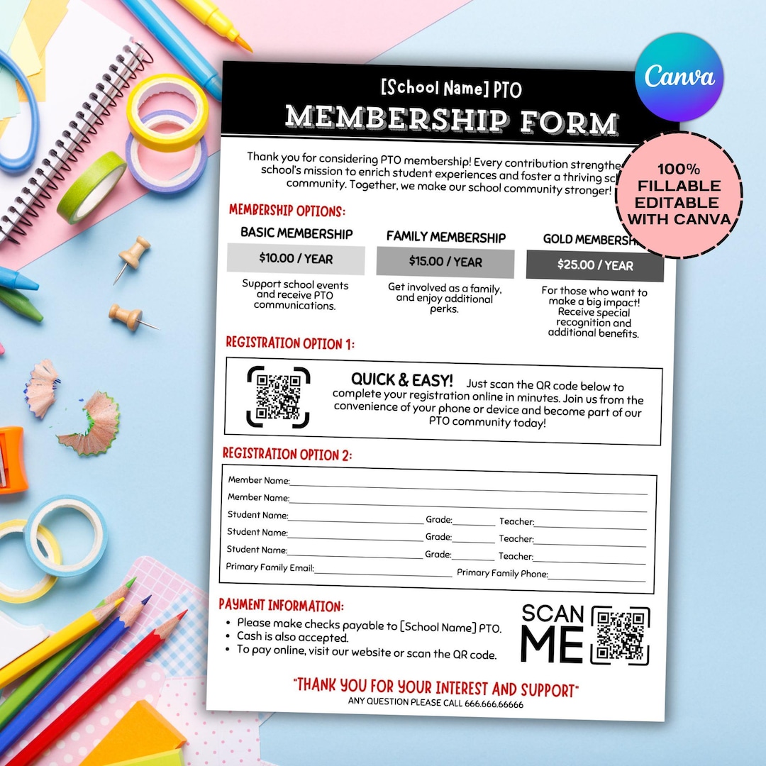 PTO PTA Membership Form Flyer Printable Club Membership Form Editable ...