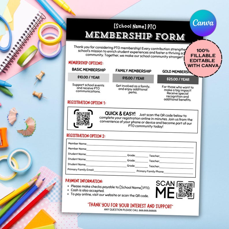 PTO PTA Membership Form Flyer Printable Club Membership Form Editable ...