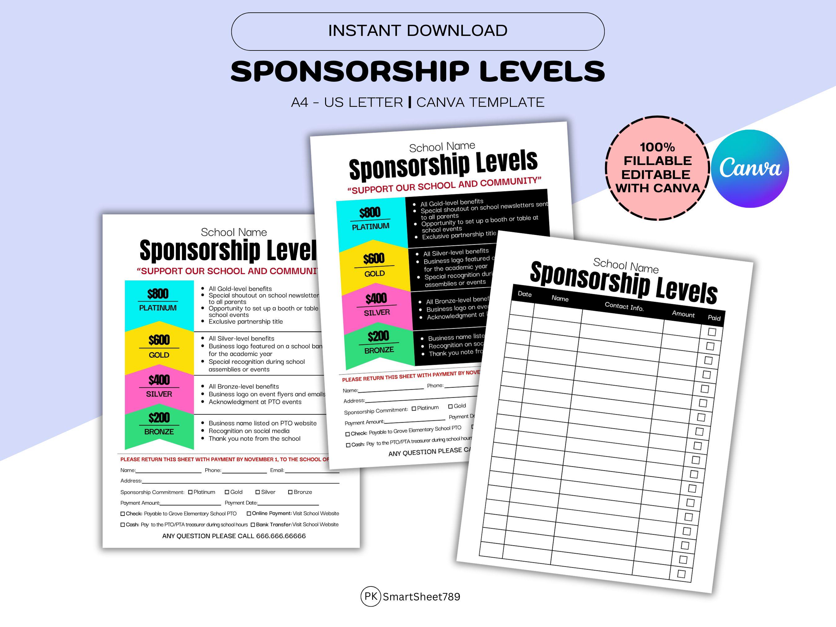 Sponsorship Level Flyer Printable Club Sponsorship Level Editable ...