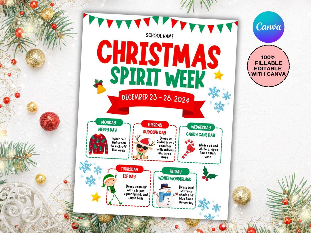 Customizable Christmas Spirit Week Flyer, Holiday School PTO Schedule ...
