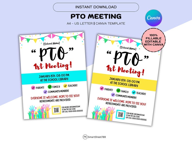 PTO Meeting Sign PTA School Meeting Flyer Printable Editable Meeting ...