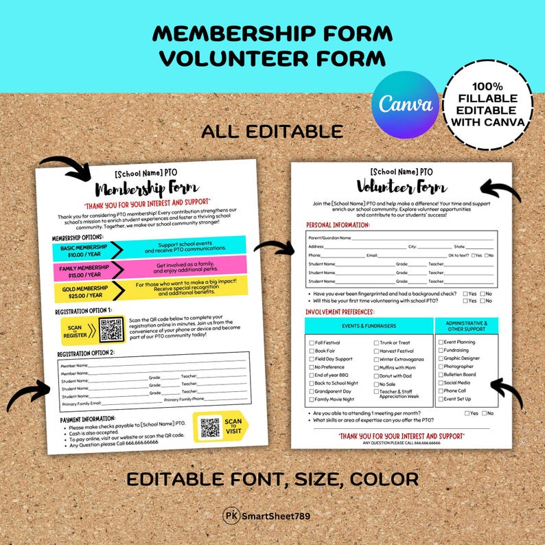 PTO PTA Membership Form Flyer Printable Volunteer Form Editable ...