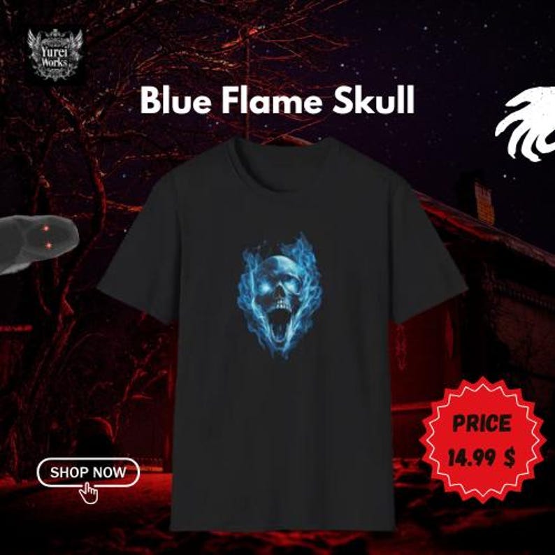 Blue Flame Skull, Halloween Horror Graphic Tee, Inferno of the Undead ...