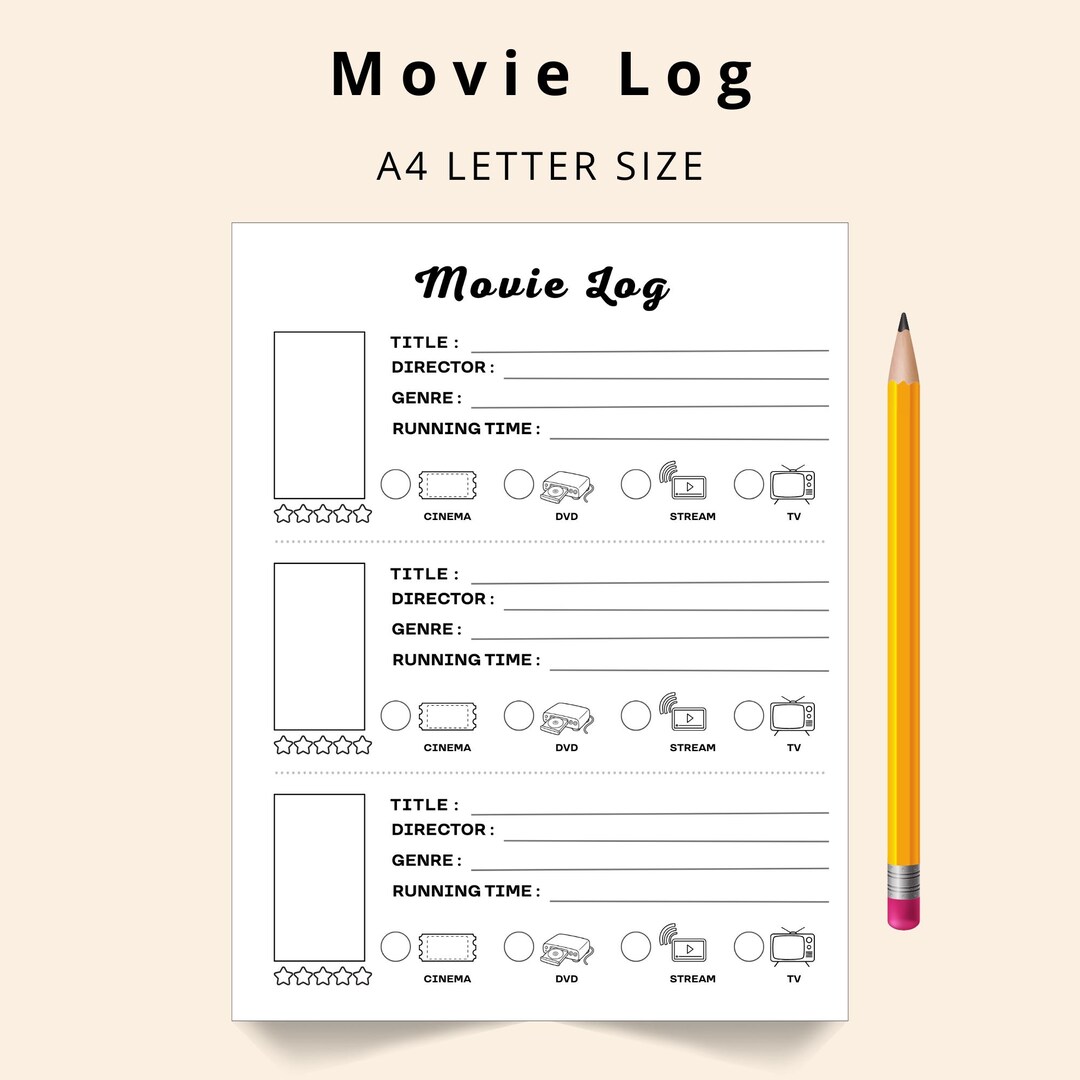 Movie Log Printable, Film Tracker Journal (US Letter & A4) (PDF ...