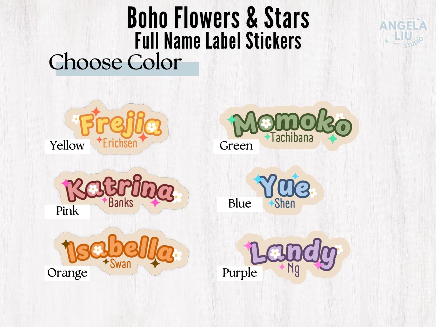 Boho Flowers & Stars Full Name Labels | Personalized Waterproof Girl ...